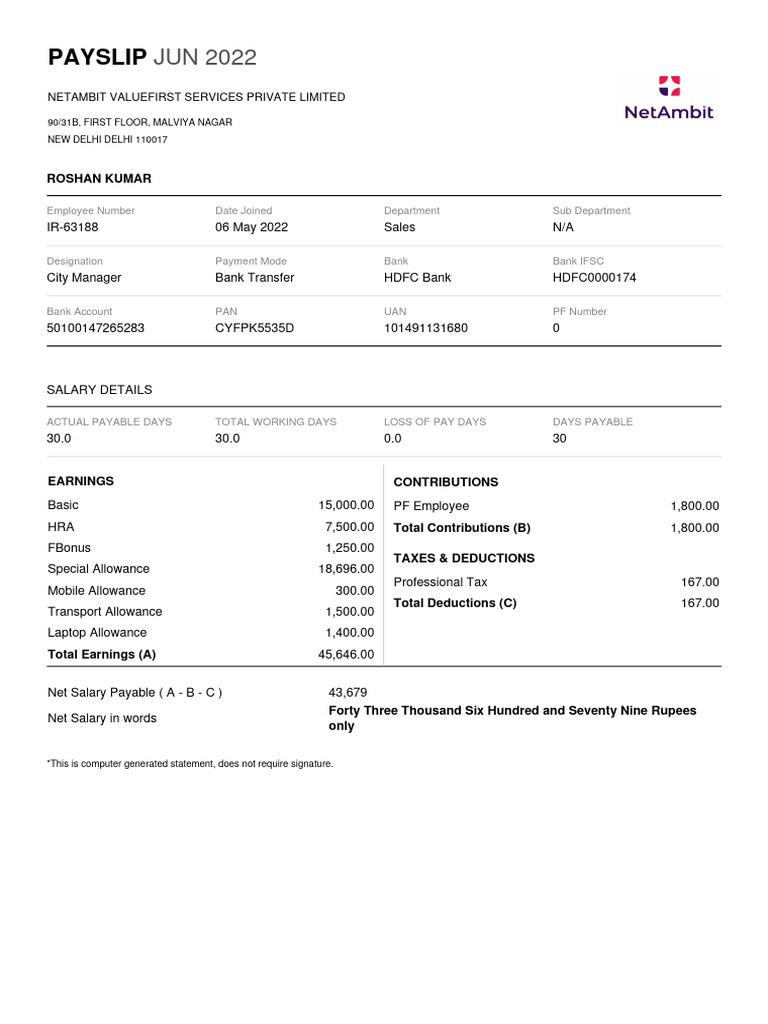 2.roshan Kumar-Payslip - Jun-2022 | Download Free PDF | Paycheck | Salary 2.roshan Kumar-Payslip - Jun-2022 | Download Free PDF | Paycheck | Salary