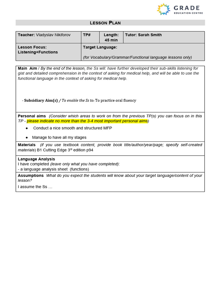 Vladyslav Nikiforov - TP8 Lesson Plan | PDF | Cognitive Psychology ...
