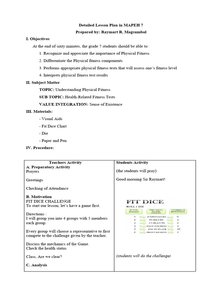 Lesson Plan in Physical Fitness | PDF | Body Mass Index | Weight Training