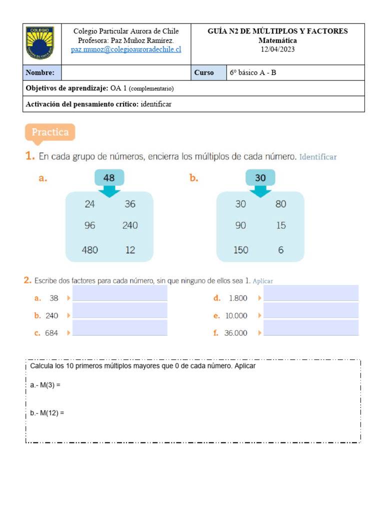 Guía de Múltiplos y Factores 6° Básico | PDF