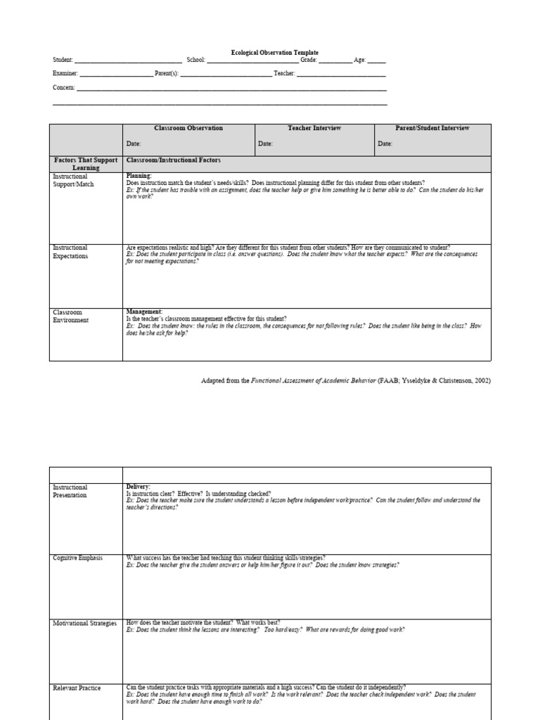 FAAB Ecological Observation Guide | PDF | Teachers | Behavior Modification