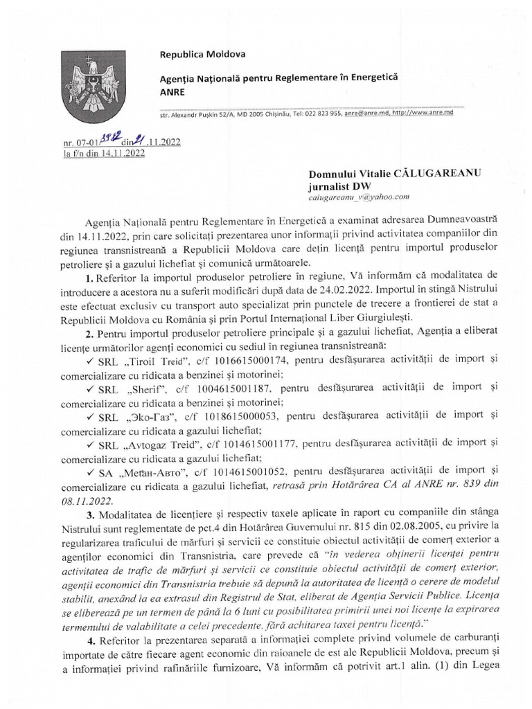 Raspuns ANRE Combustibil Tiraspol | PDF