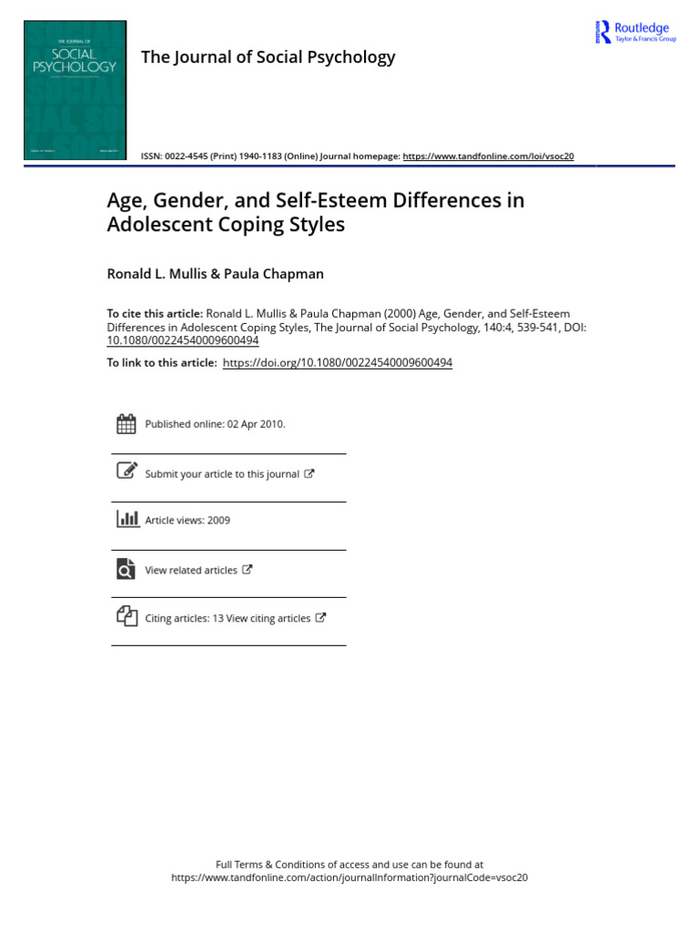 4 Article... Age Gender and Self Esteem Differences in Adolescent Coping Styles | PDF | Self ...