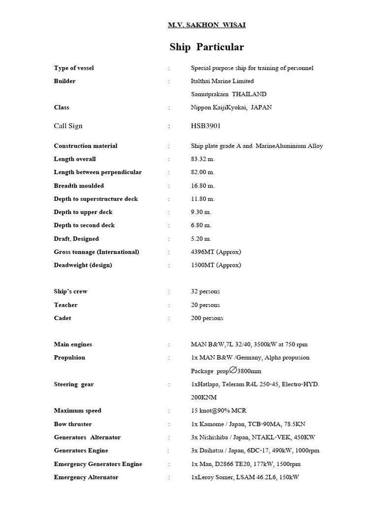 M.V. Sakhon Wisai Ship Specifications | PDF | Ships | Marine Propulsion