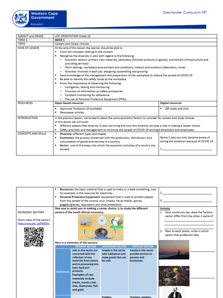 Life Orientation Grade 10 Term 3 Week 5 - 2020 | PDF | Employment | Learning
