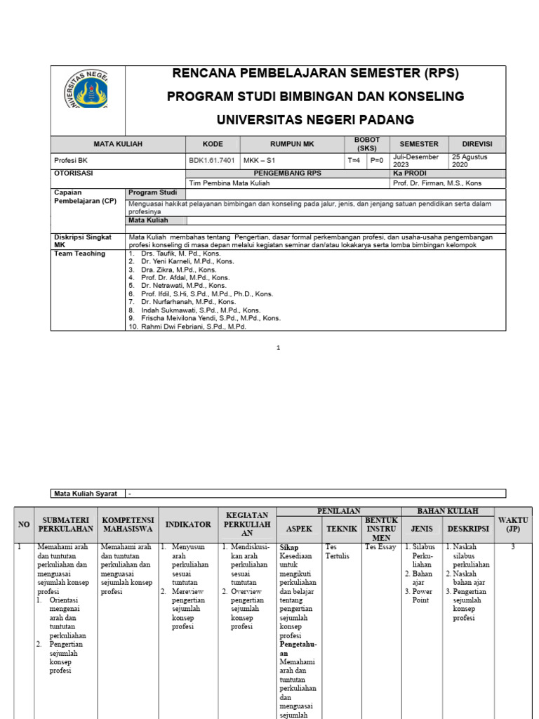 Rencana Pembelajaran Profesi BK 2023 | PDF