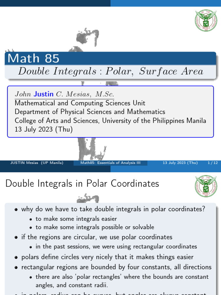 Math 85 Lec8 Double Int Polar Surface Area Appn | PDF | Euclidean ...