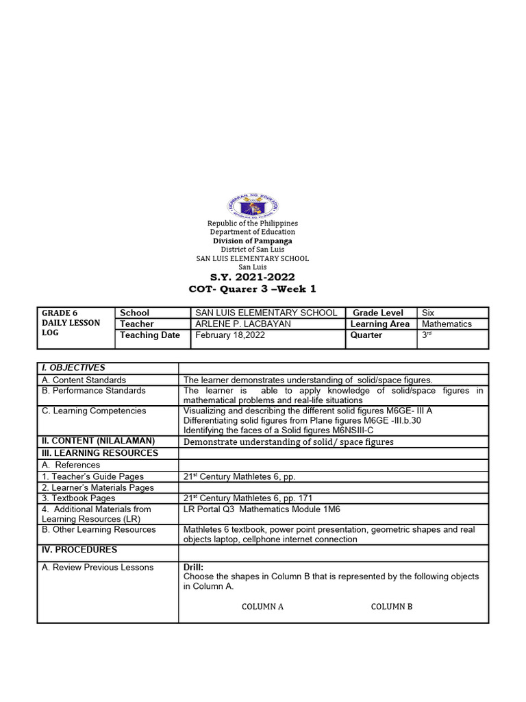 Cot 1 Solid Figures Grade 6 Pdf Shape Learning