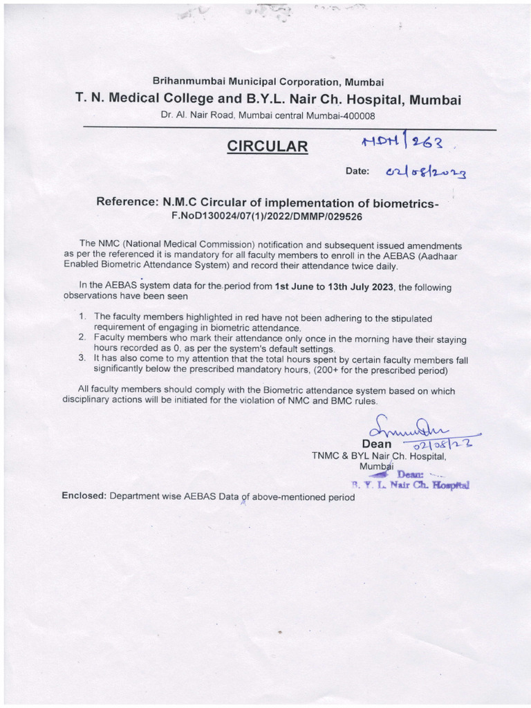 NMC Circular of Implementation of Biometrics | PDF
