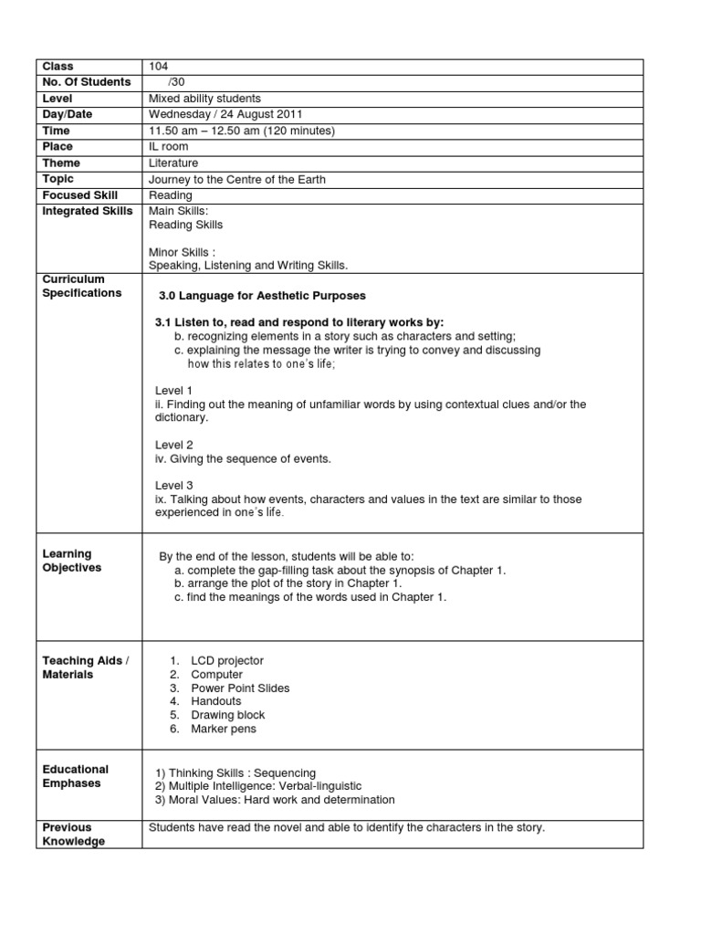 Lesson Plan Journey To The Centre of The Earth Chapter 1 | PDF | Cognition | Learning