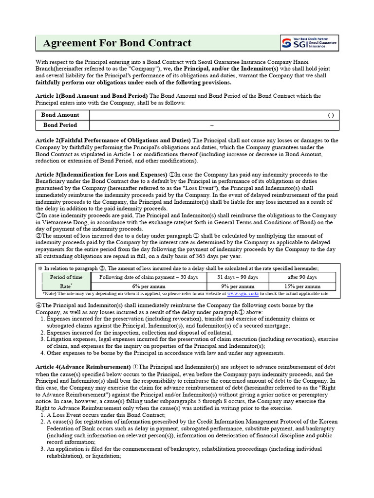 Agreement For Bond Contract | PDF | Indemnity | Debt
