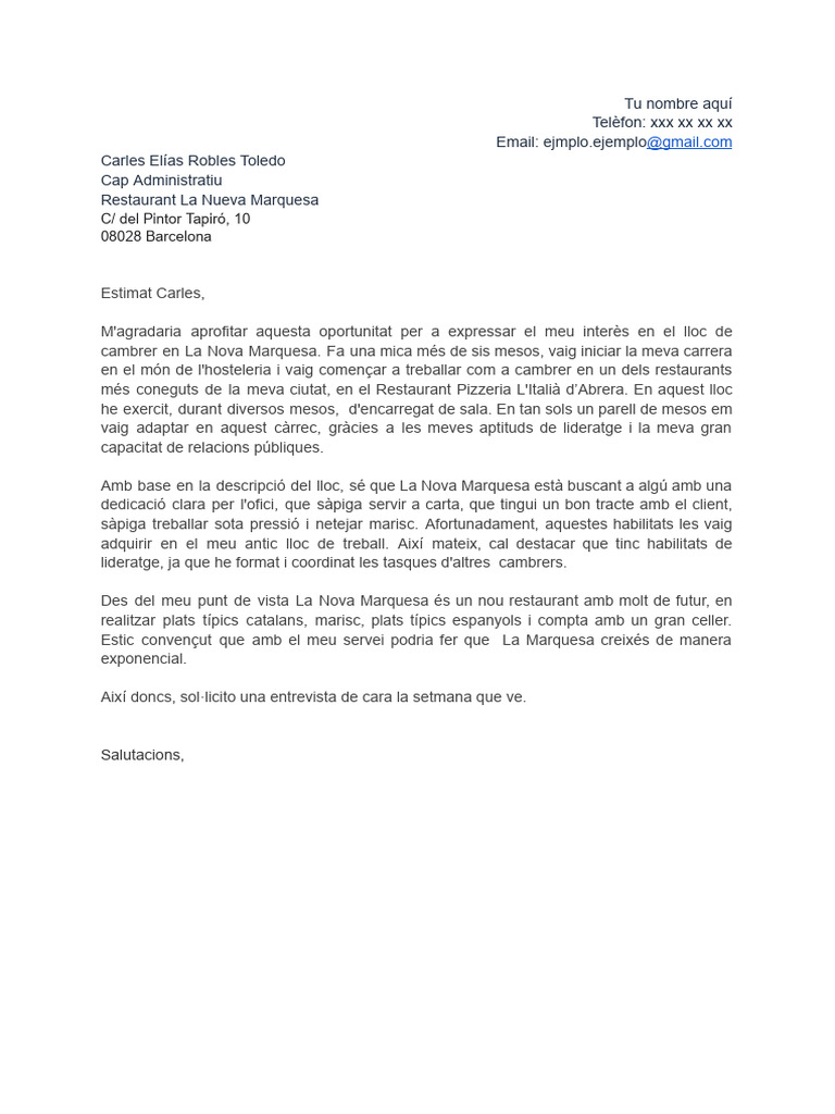 Carta de presentació de cambrer | PDF