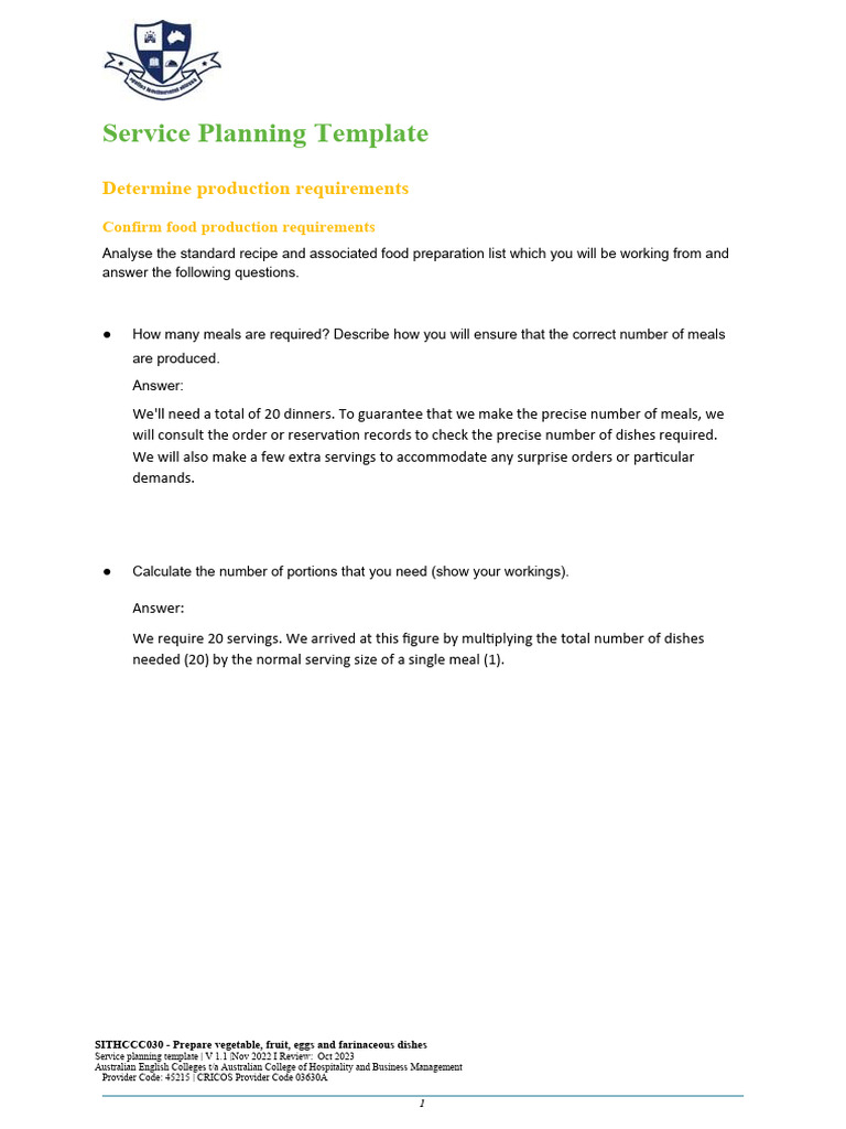 SITHCCC030 Service Planning Template v1.1 | PDF | Food And Drink ...