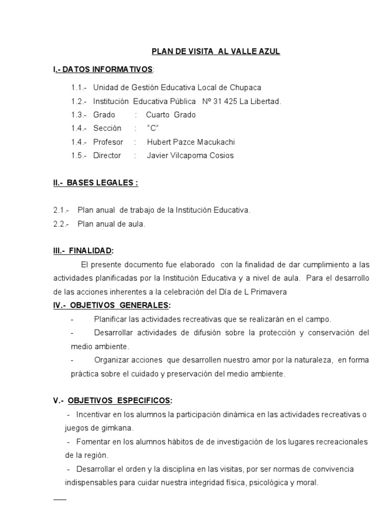 Plan de Paseo Escolar | Descargar gratis PDF | Maestros | Conceptos psicologicos