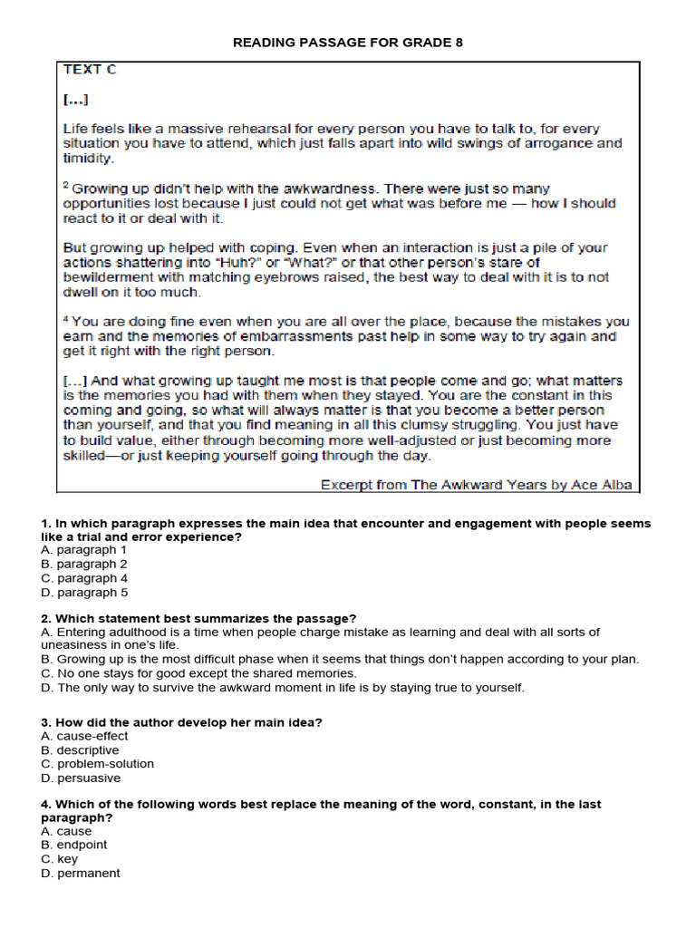 Grade 8 Reading Comprehension Passages Pdf