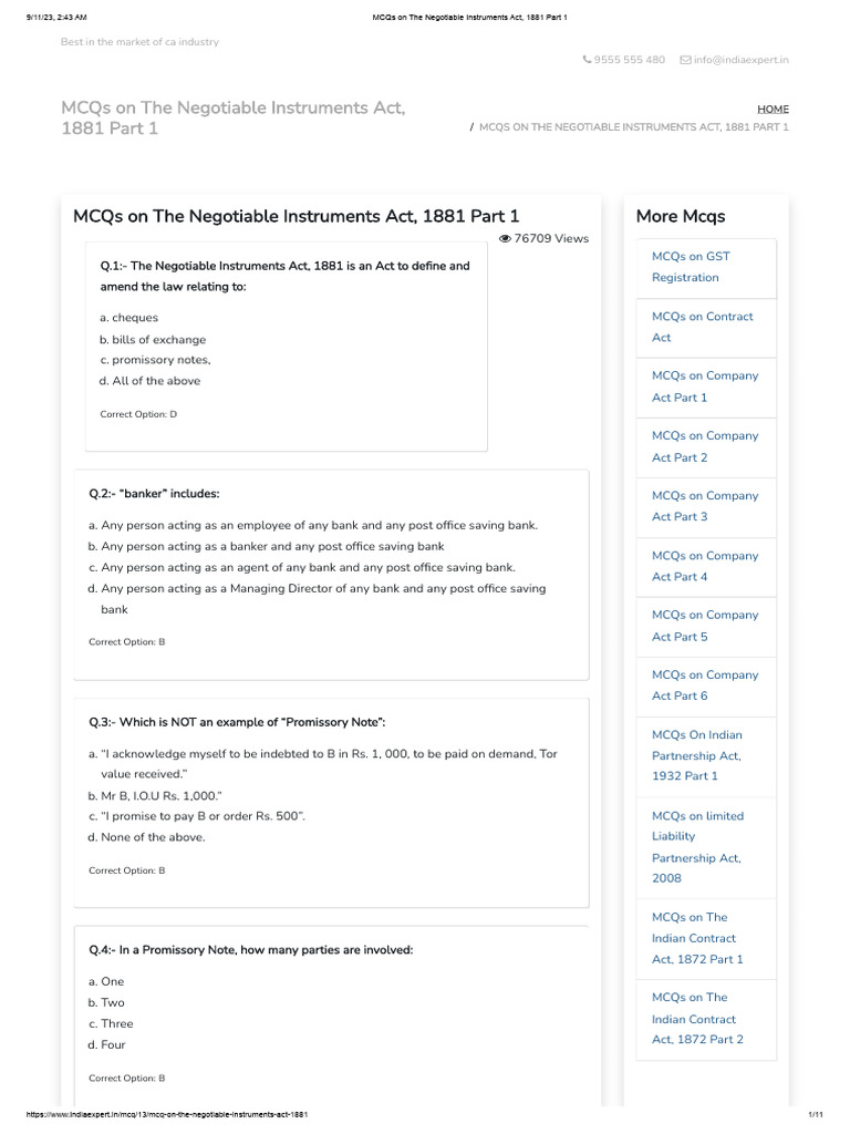 MCQs On The Negotiable Instruments Act, 1881 Part 1 | PDF | Negotiable Instrument | Promissory Note