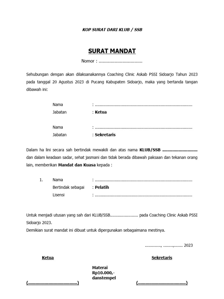 Contoh Surat Mandat Coaching Clinic | PDF