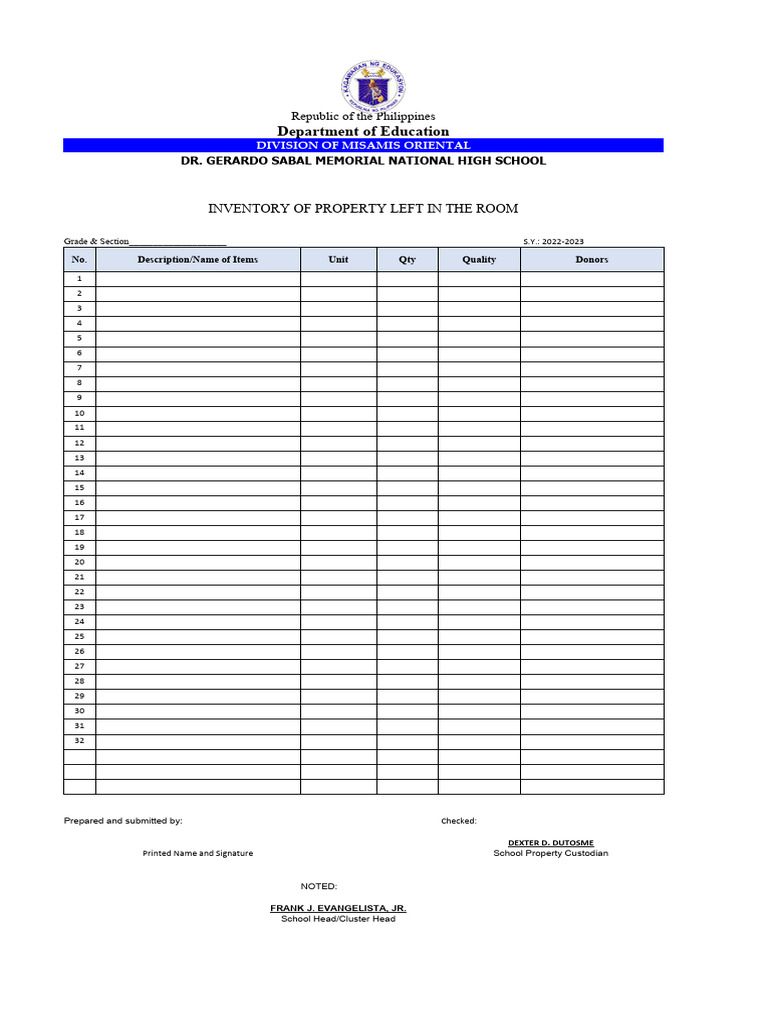 2022 2023 Classroom Inventory Form 1 | PDF