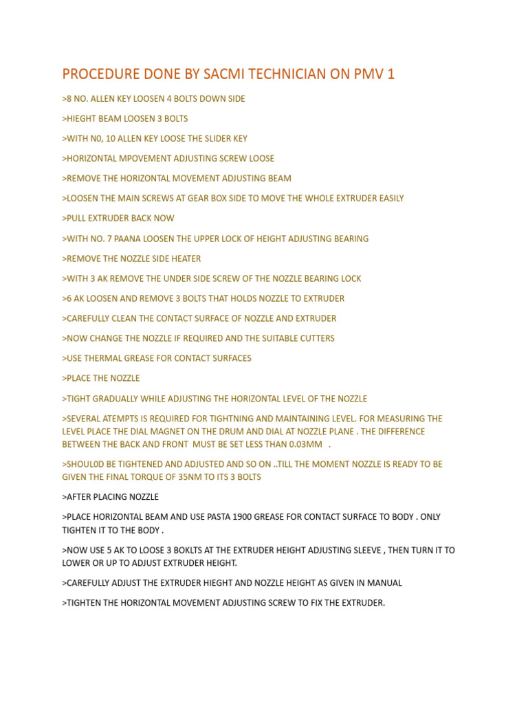 Procedure Done by Sacmi Technician On PMV 1 | PDF