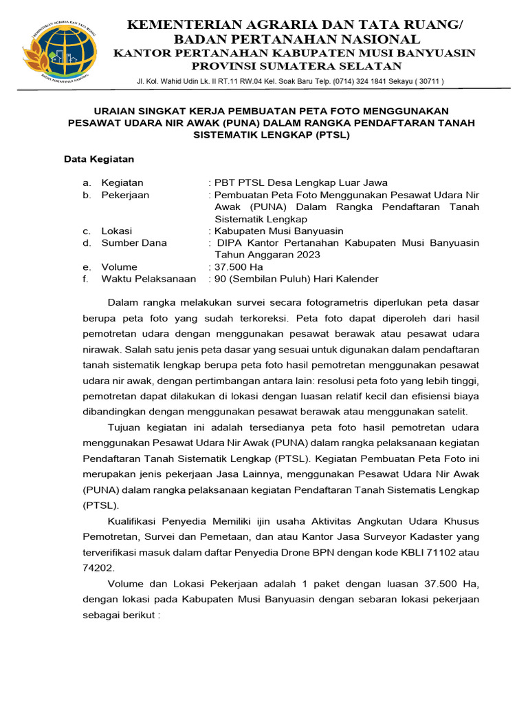 Uraian Singkat Pekerjaan Pembuatan Peta Foto 2023 Kantor Pertanahan ...