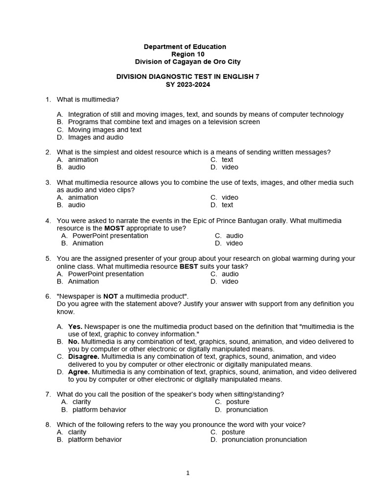 English 7 Diagnostic Test 2023-2024 | PDF | Multimedia | Plot (Narrative)
