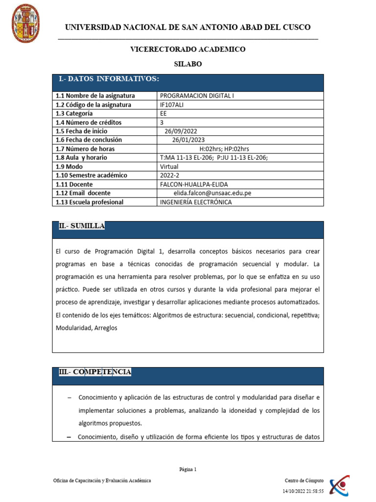 Silabus de Programacion Digital 1 | PDF | Programación de computadoras | Algoritmos