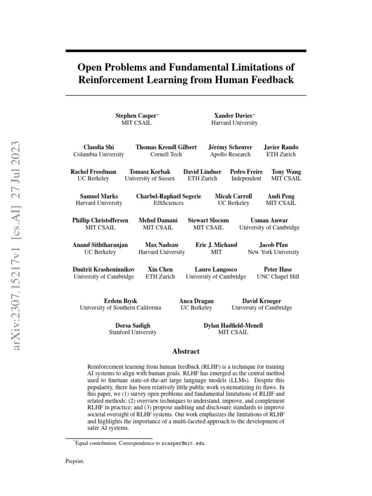 Open Problems and Fundamental Limitations of Reinforcement Learning From Human Feedback | PDF ...