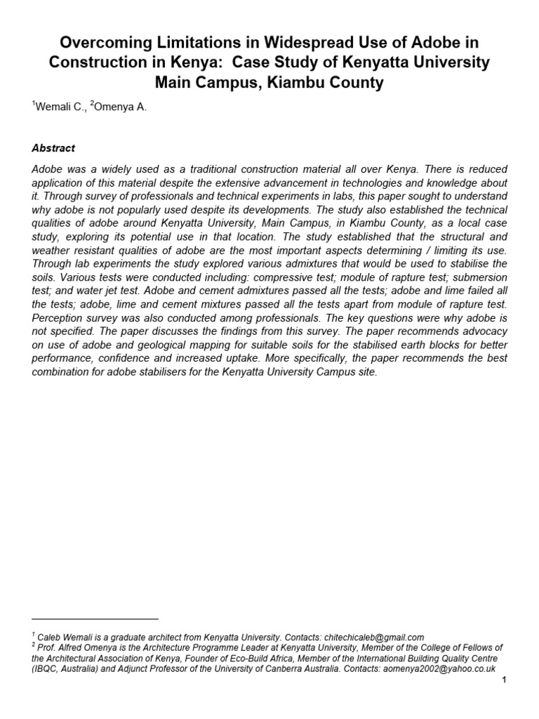 1. Adobe Use in Kenya Paper_Submitted | PDF | Cement | Soil