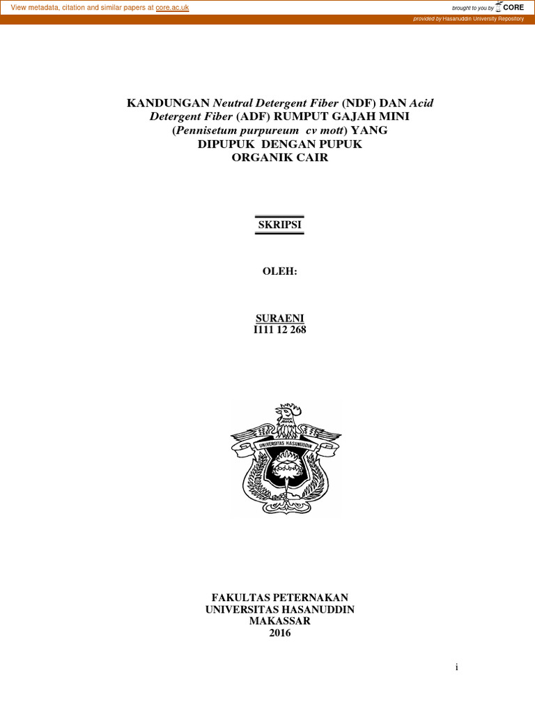 KANDUNGAN Neutral Detergent Fiber (NDF) DAN Acid (Pennisetum Purpureum CV Mott) YANG Dipupuk ...