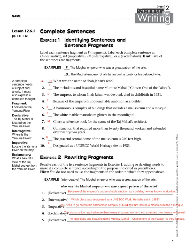 GFW-G12.6.1 Sentences and Fragments | PDF