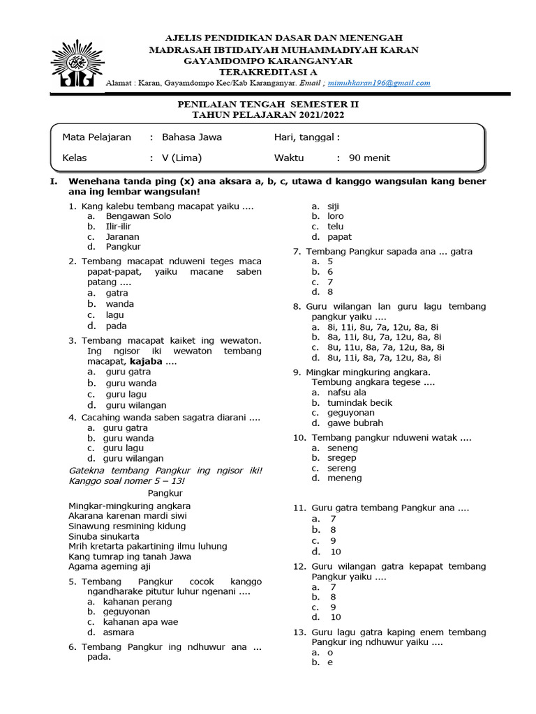 Soal Uts B. Jawa Kelas 5 SMT 2 | PDF