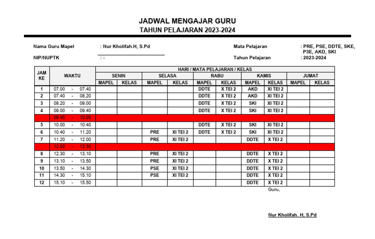 Jadwal Mengajar Guru Pdf