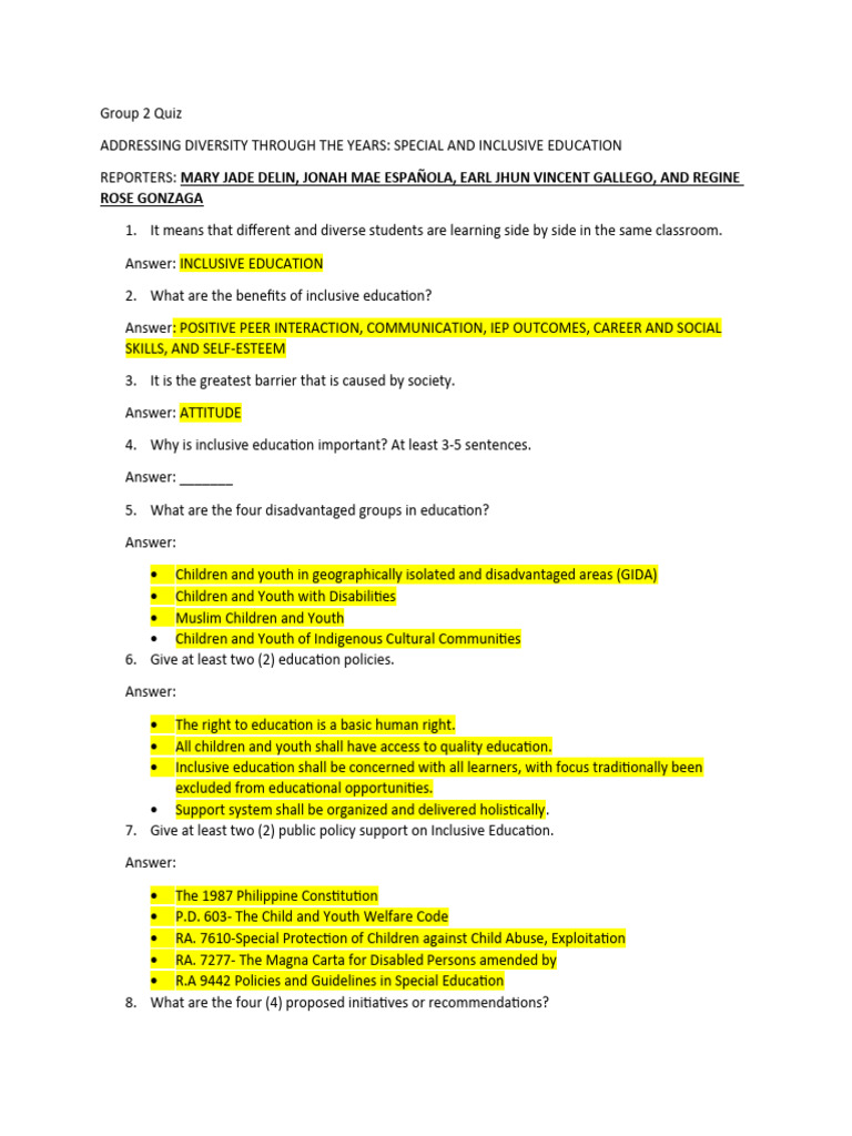 Inclusive Education Overview and Quiz | PDF | Special Education ...