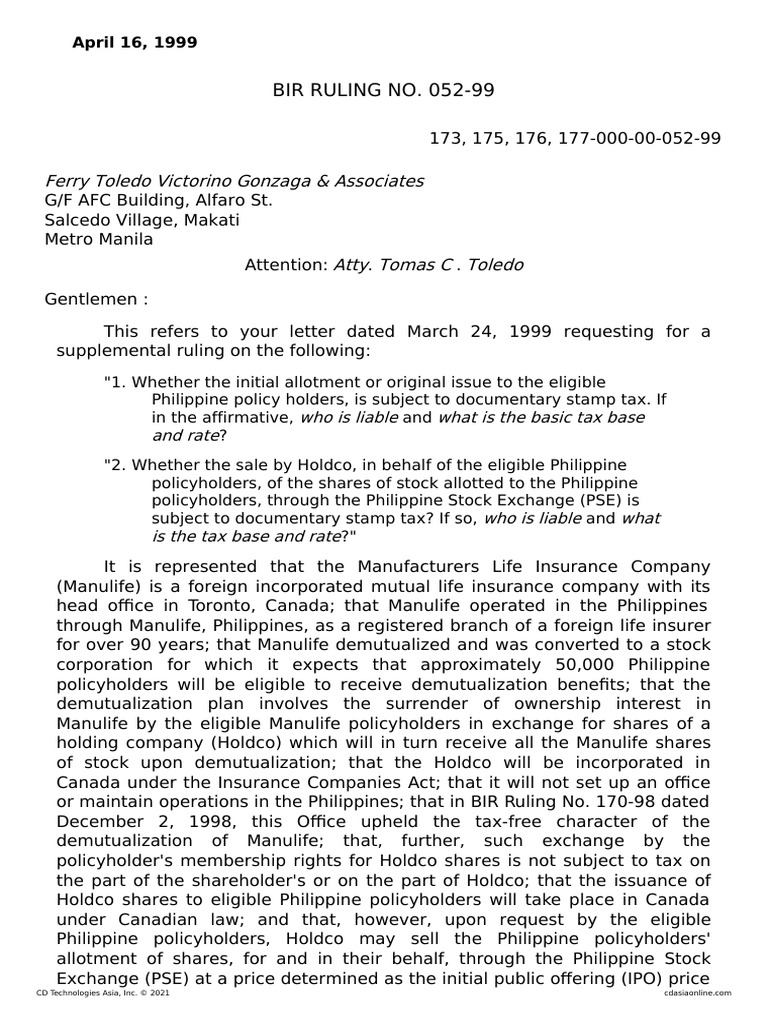 Bir Ruling No. 052-99 | PDF | Stocks | Private Law
