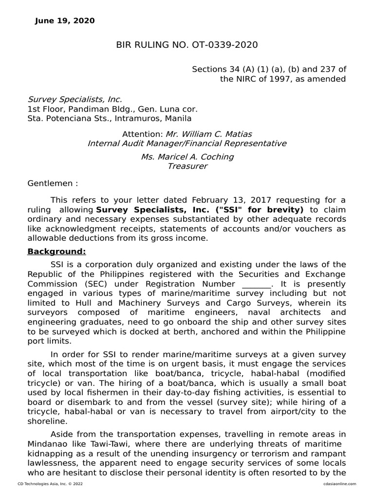 Bir Ruling No. Ot-0339-2020 | Download Free PDF | Tax Deduction | Expense