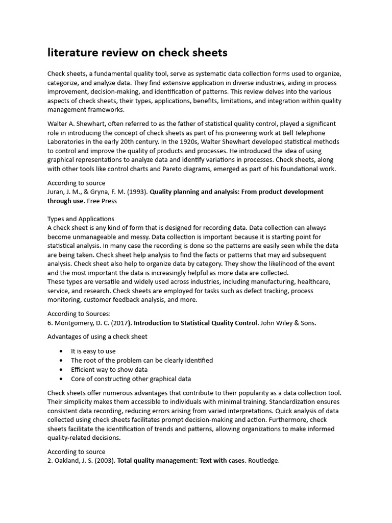 Literature Review on Check Sheets | PDF | Cybernetics | Computing