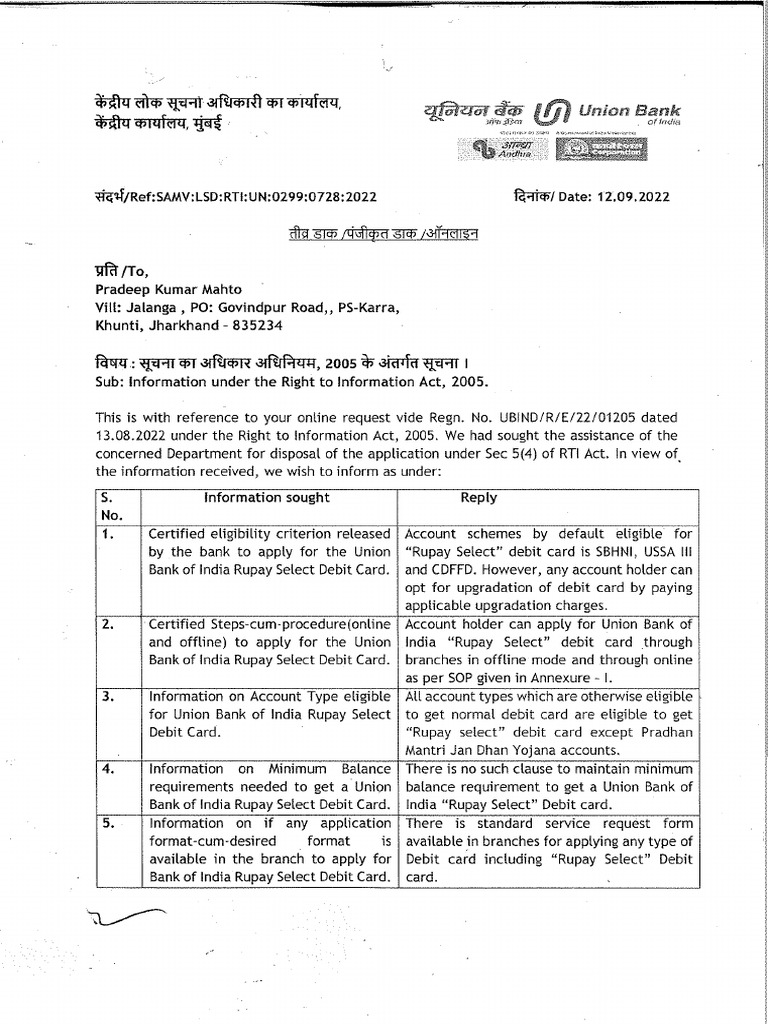 Union Bank of India Rupay Select Debit Card | PDF