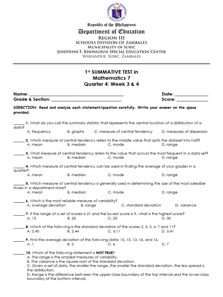 Math 7 Summative Test Q4: Weeks 3-4 | PDF | Variance | Mode (Statistics)