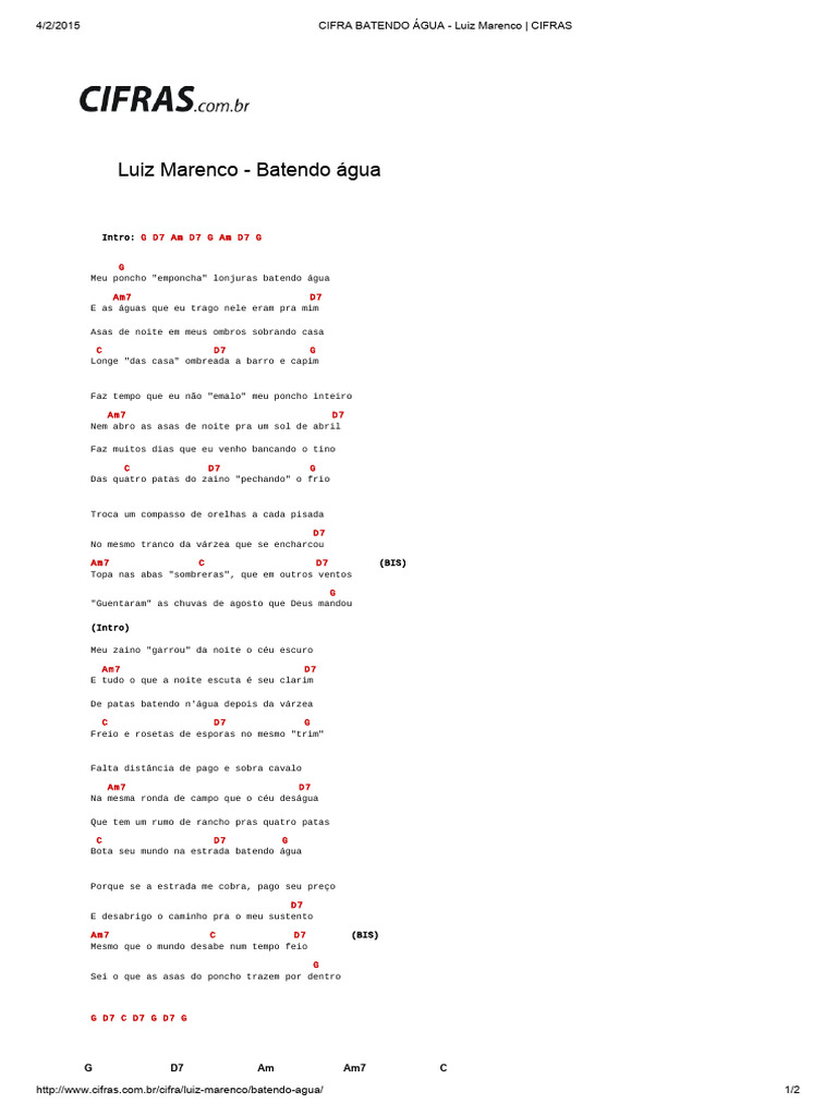 CIFRA BATENDO ÁGUA - Luiz Marenco _ CIFRAS | PDF