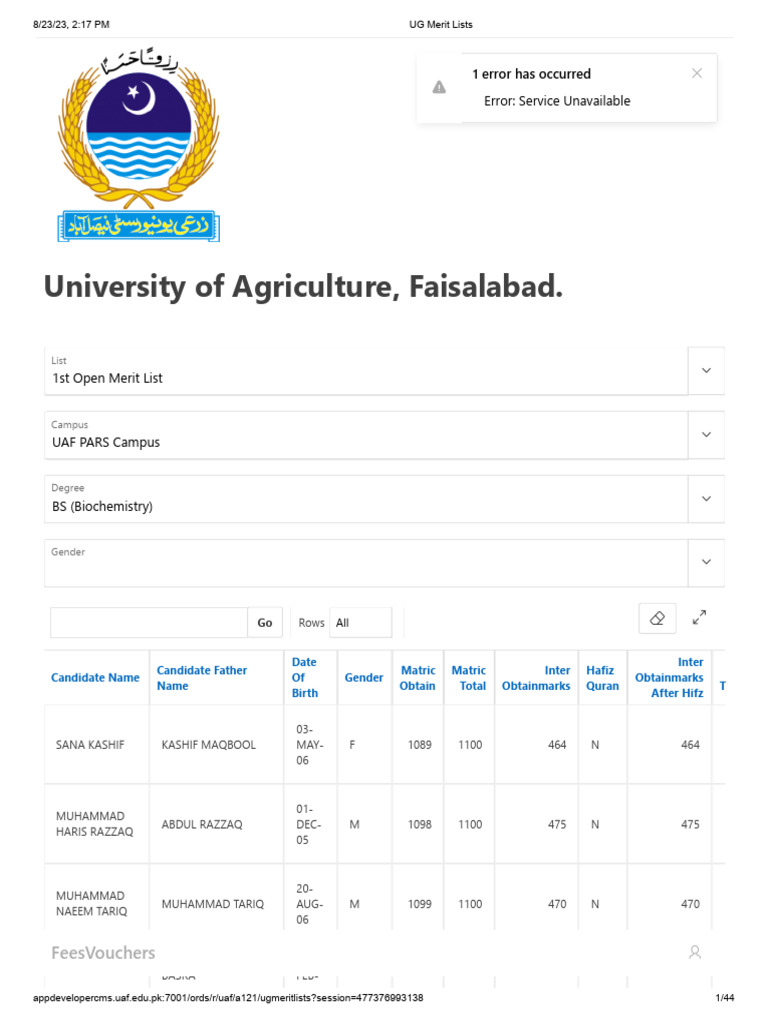 UG Merit Lists Biochem | PDF