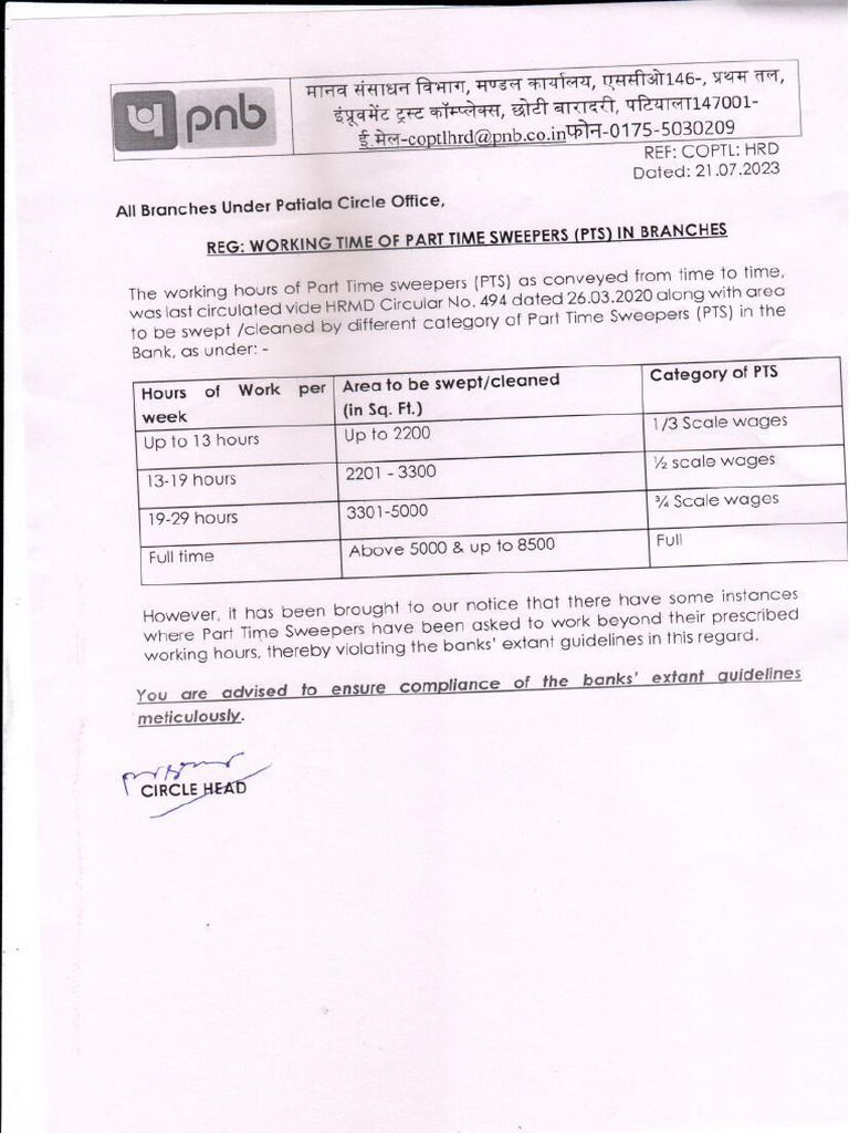 Working Time of PTS in Branches | PDF