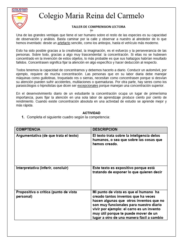 Taller De Comprension Lectora 7 2 Pdf Creatividad Humano