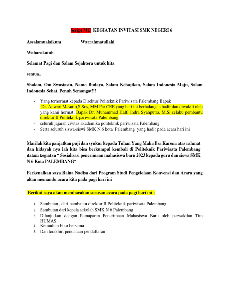 Script MC Sosialisasi PMB SMK N 6 | PDF | Karier & Perkembangan