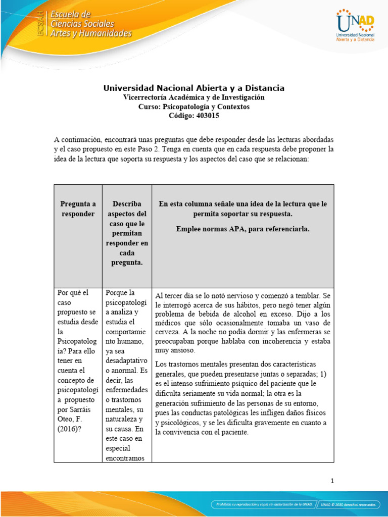 Anexo 1 - Matriz Estudio de Caso - Paso 2. | PDF | Ansiedad | Psicopatología