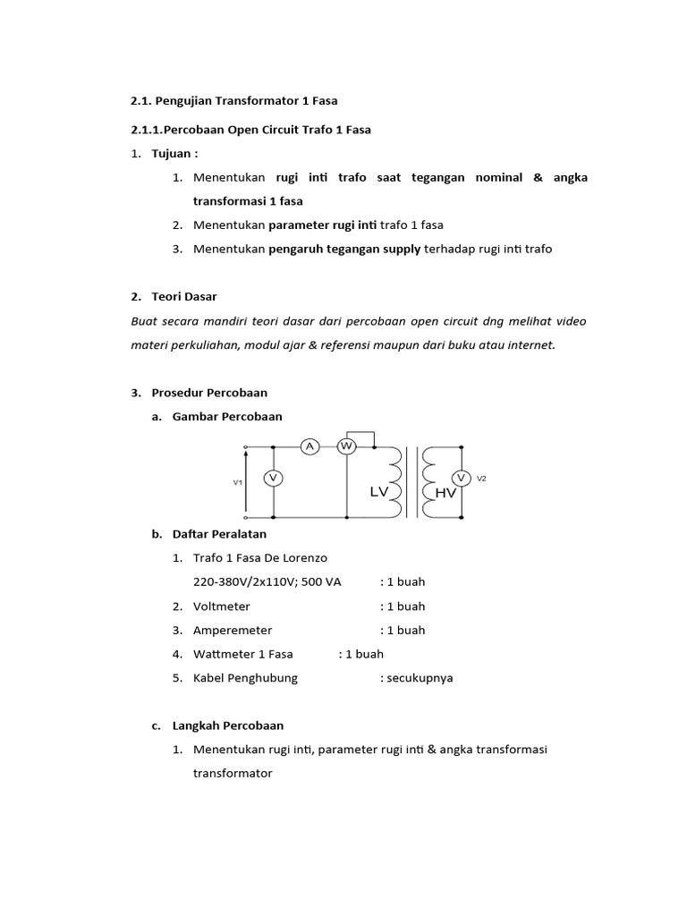 Prosedur Percobaan Trafo 1 Fasa | PDF