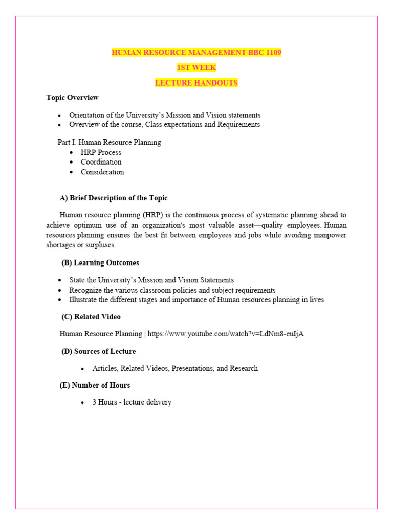 HRM - 1st Week - Lecture Handout | PDF | Human Resources | Human ...