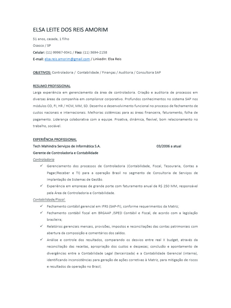 CV-Elsa Leite Dos Reis Amorim | PDF | Contabilidade | Fluxo de caixa