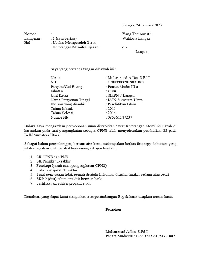 Surat Permohonan Memiliki Ijazah | PDF