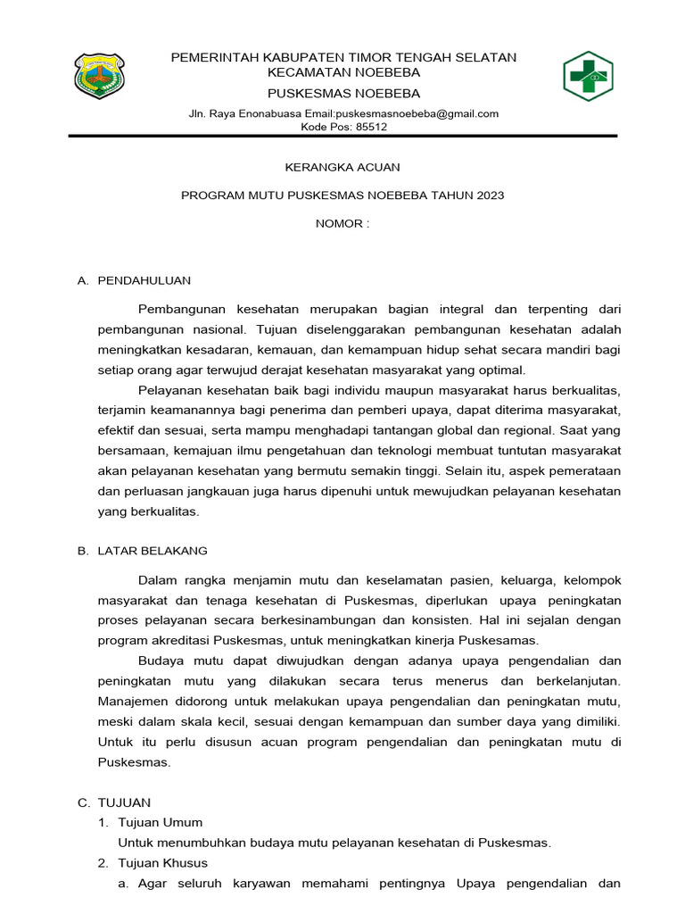 Program Mutu Puskesmas Noebeba 2023 | PDF