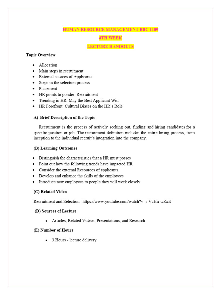 HRM - 4th Week - Lecture Handout | PDF | Recruitment | Employment